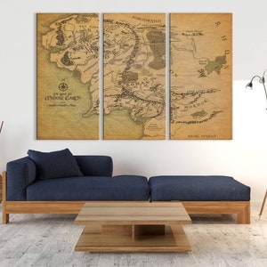 Middle Earth Map Print on Canvas, Tolkien Lord of the Rings Wall Art ...