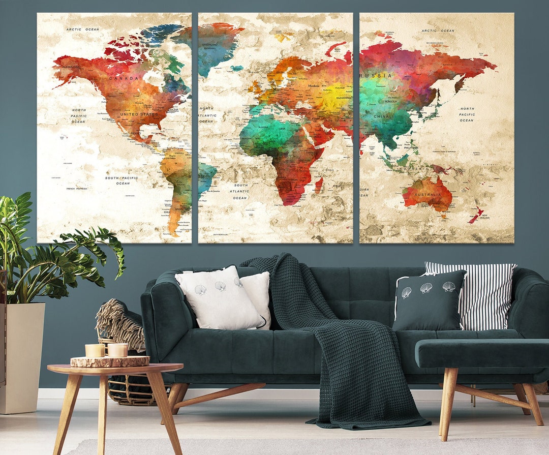 Acuarela Tríptico Mapa Lienzo Arte Impresión / Extra Grande - Etsy México