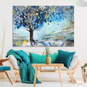 Abstract Blue Tree Painting Wall Art Canvas Print Framed Set of 3 Wall ...