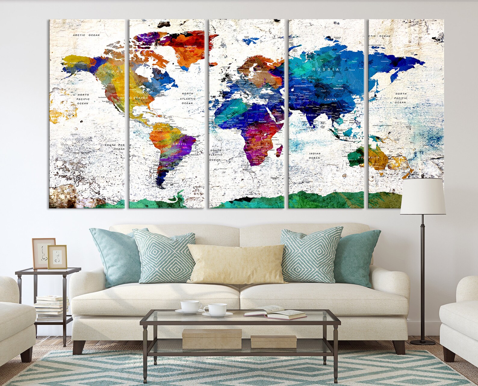 Watercolor Triptych Map Art Print Extra Large World Map - Etsy
