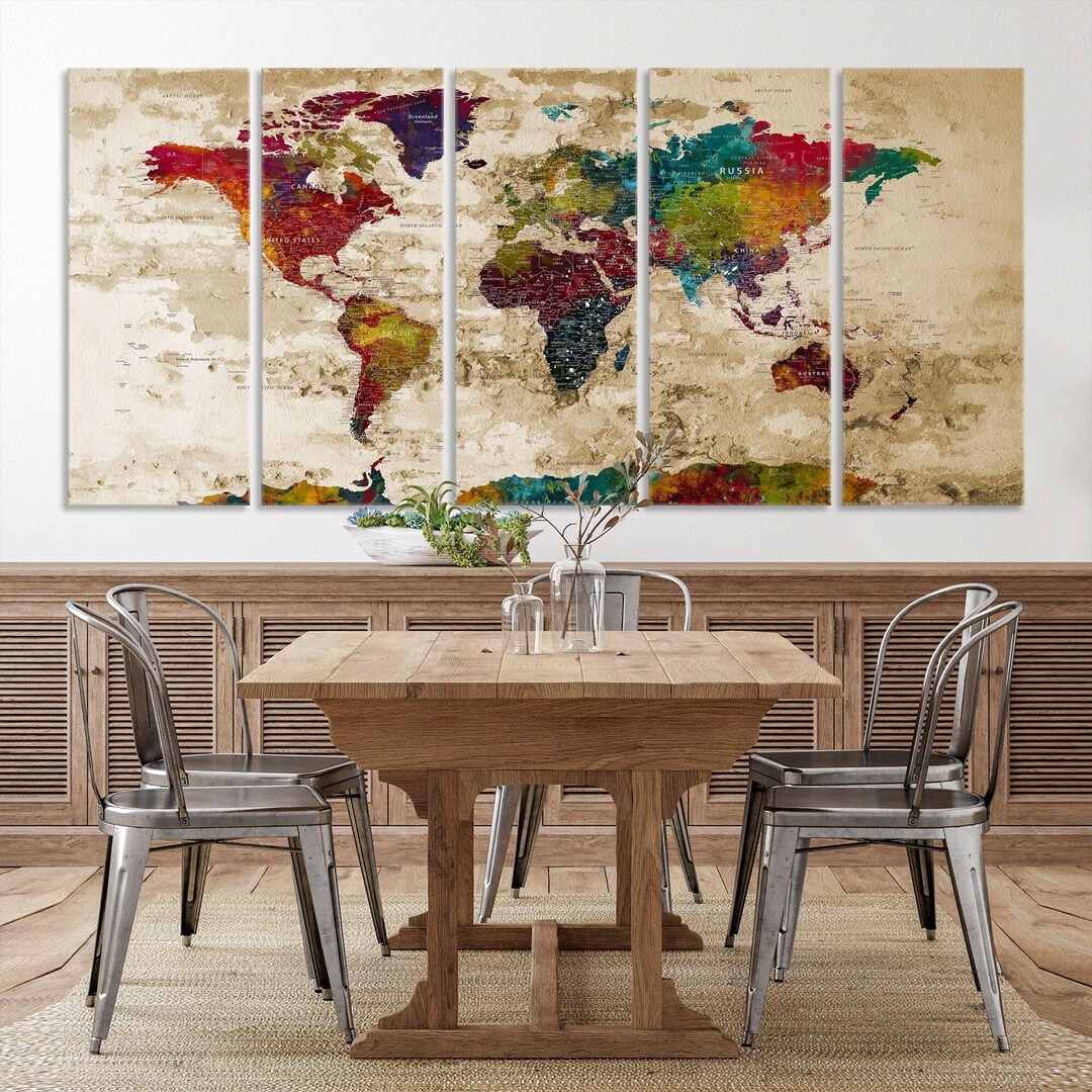Detailed World Map Canvas Wall Art, Country Names and Major Cities ...