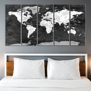 Black and White Watercolor World Map Push Pin World Map Multi Panel Map ...