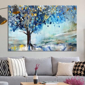 Abstract Blue Tree Painting Wall Art Canvas Print Framed Set of 3 Wall ...