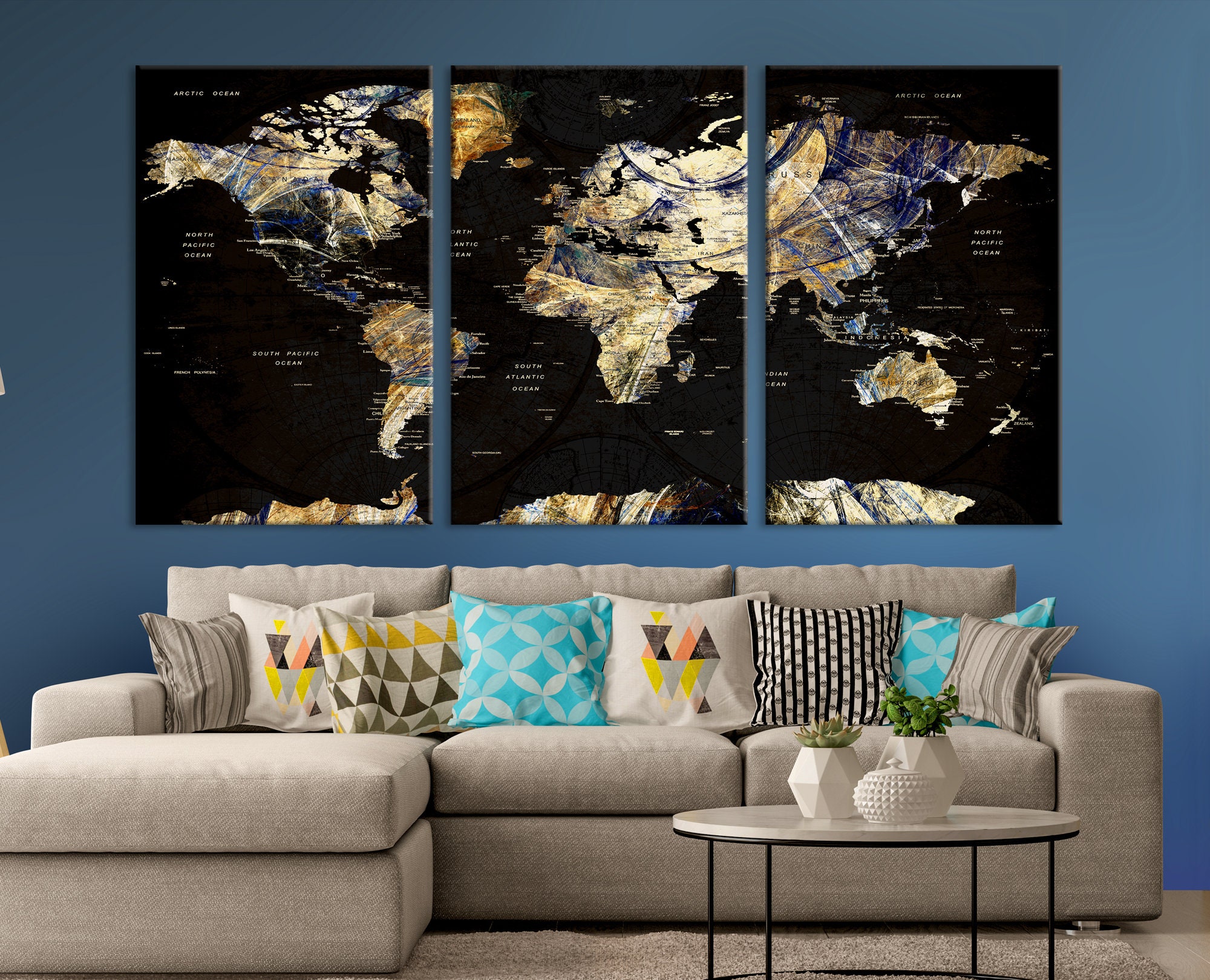Extra Large 5 Panel Watercolor World Map Canvas Wall Art Push | Etsy