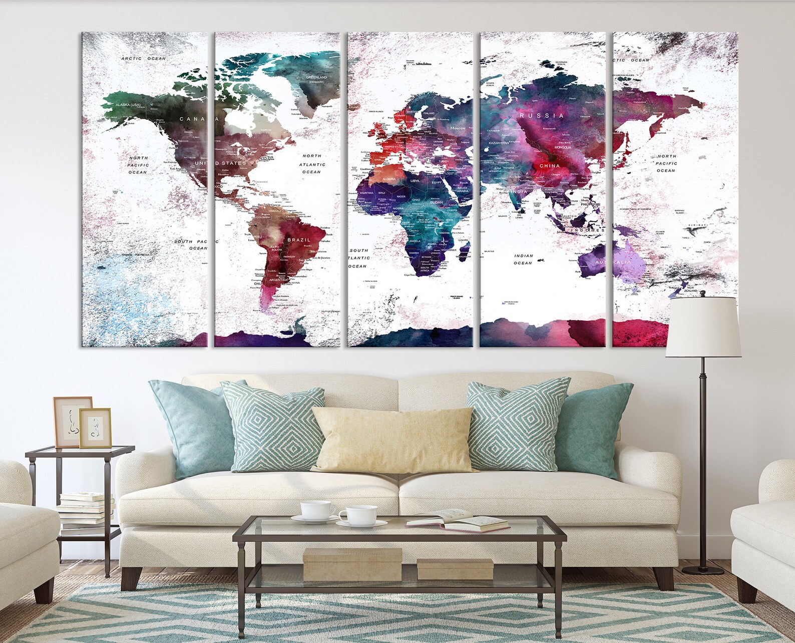 Multi Panel World Map Wall Art Watercolor World Map World | Etsy