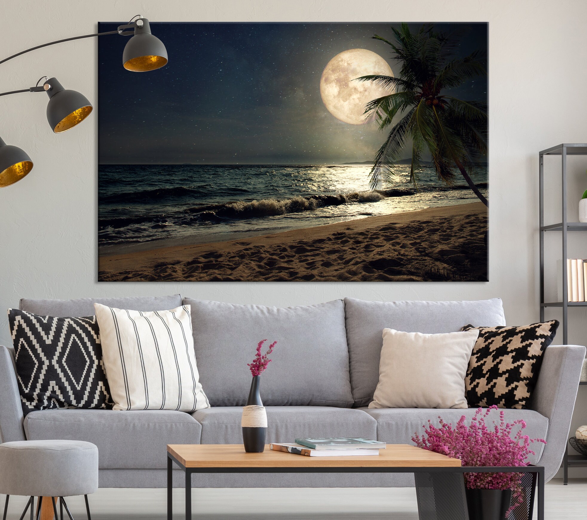 Full Moon over Beach Canvas Art Full Moon Wall Art Tropical | Etsy