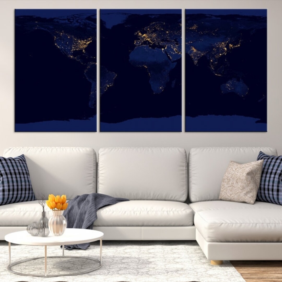 Satellite Map of World at Night Canvas, Earth Lights at Night, World ...