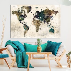 Hand-framed Vintage World Map CANVAS Wall Art Print, Large Travel Map ...
