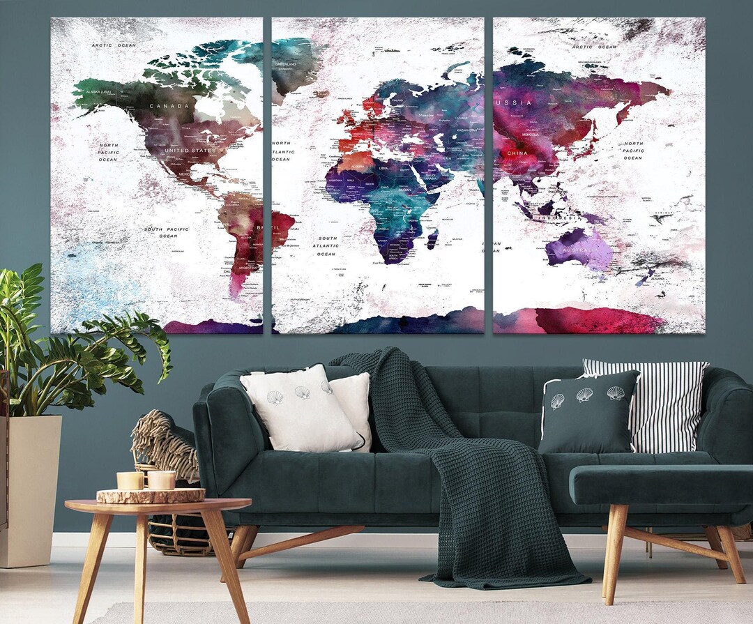 Multi Panel World Map Wall Art | Watercolor World Map | World Map Art ...