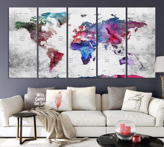 Extra Large Watercolor World Map 5 Piece World Map Print | Etsy
