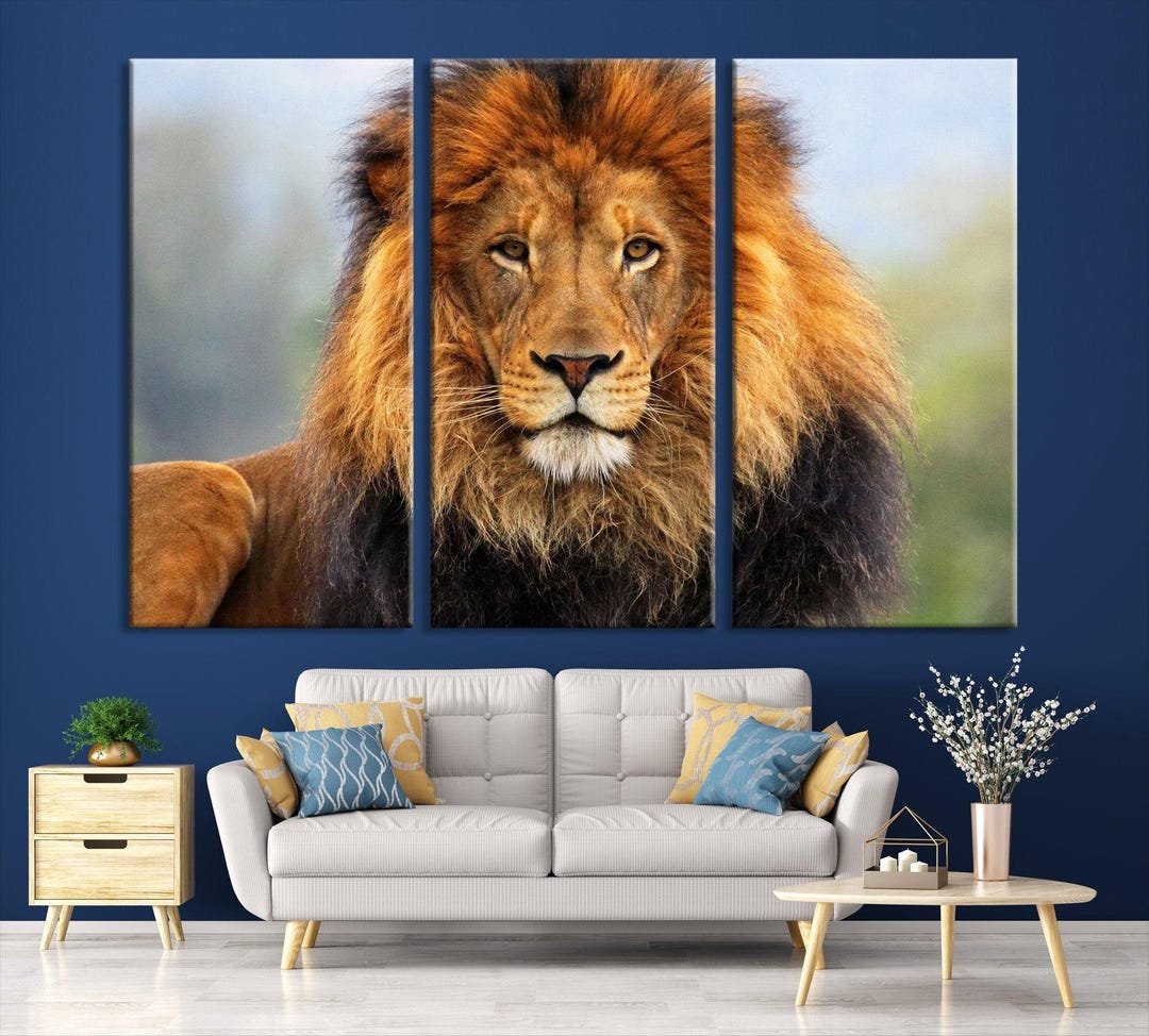 Large 3 Panel Lion Wall Art, Triptych Lion Print, Lion Canvas Wall Art ...
