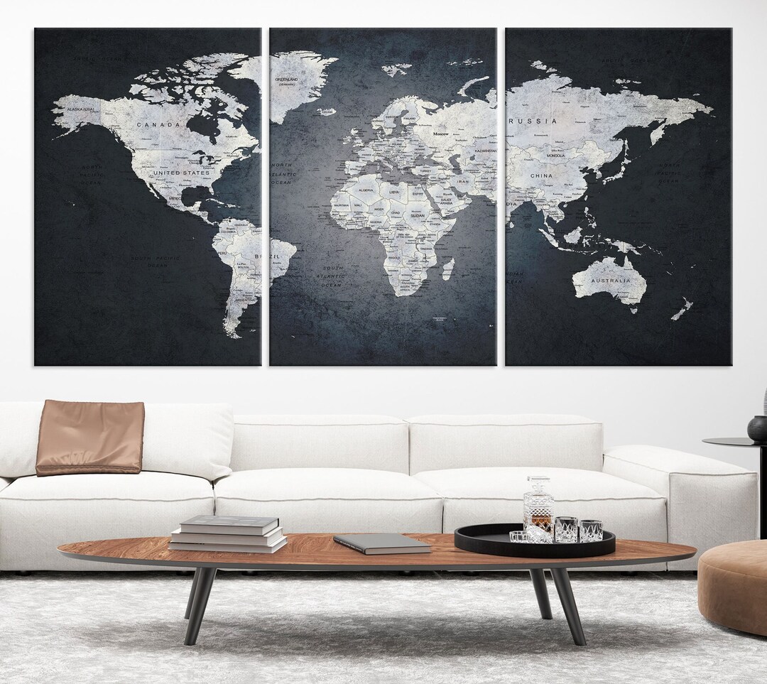 Black World Map Wall Art, World Map Push Pin, Set of 3 Panel World Map ...