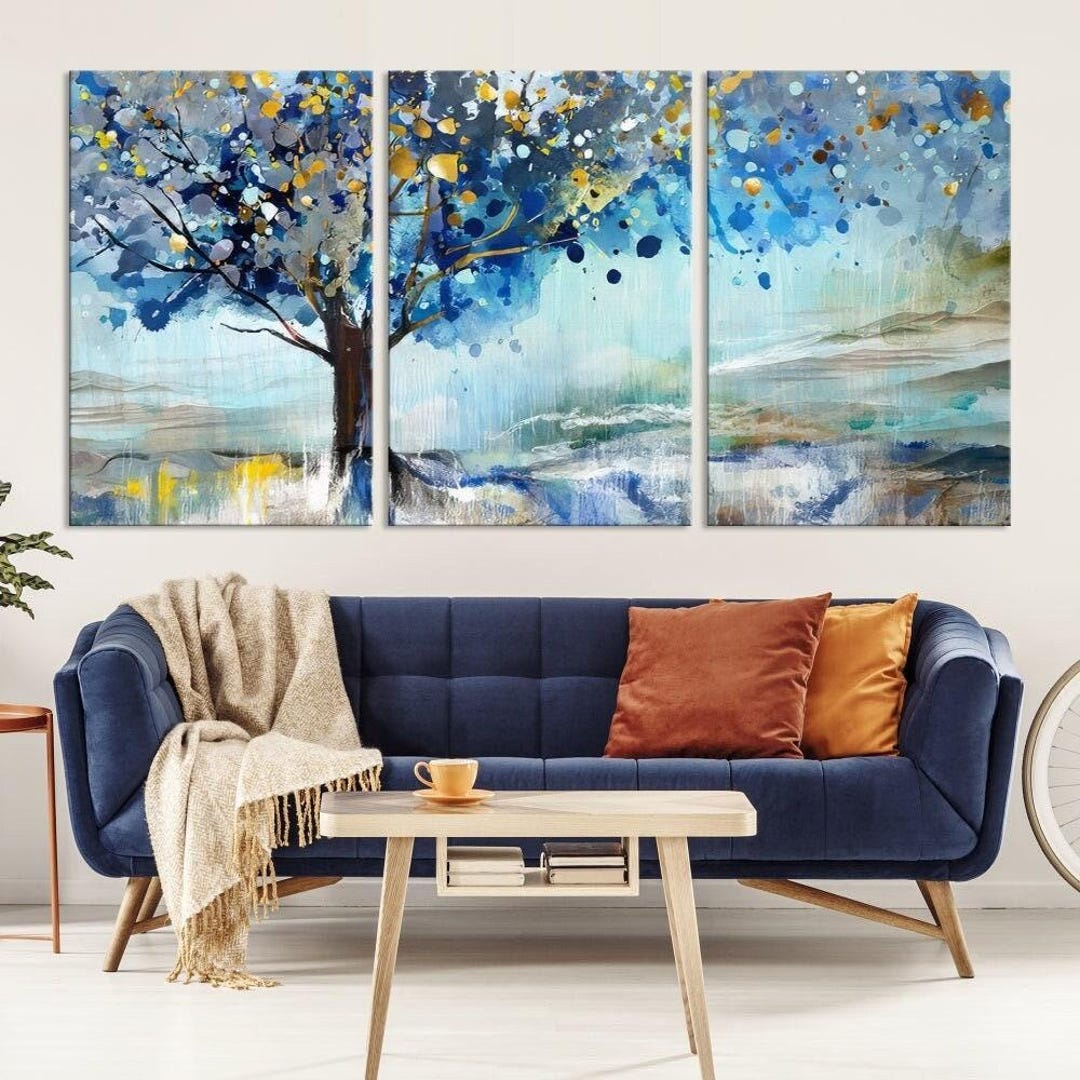 Abstract Blue Tree Painting Wall Art Canvas Print Framed Set of 3 Wall ...