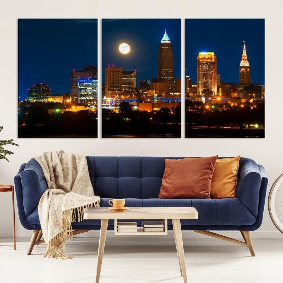 Enchanting Cleveland Skyline Wall Art, Cleveland Full Moon View Art for ...