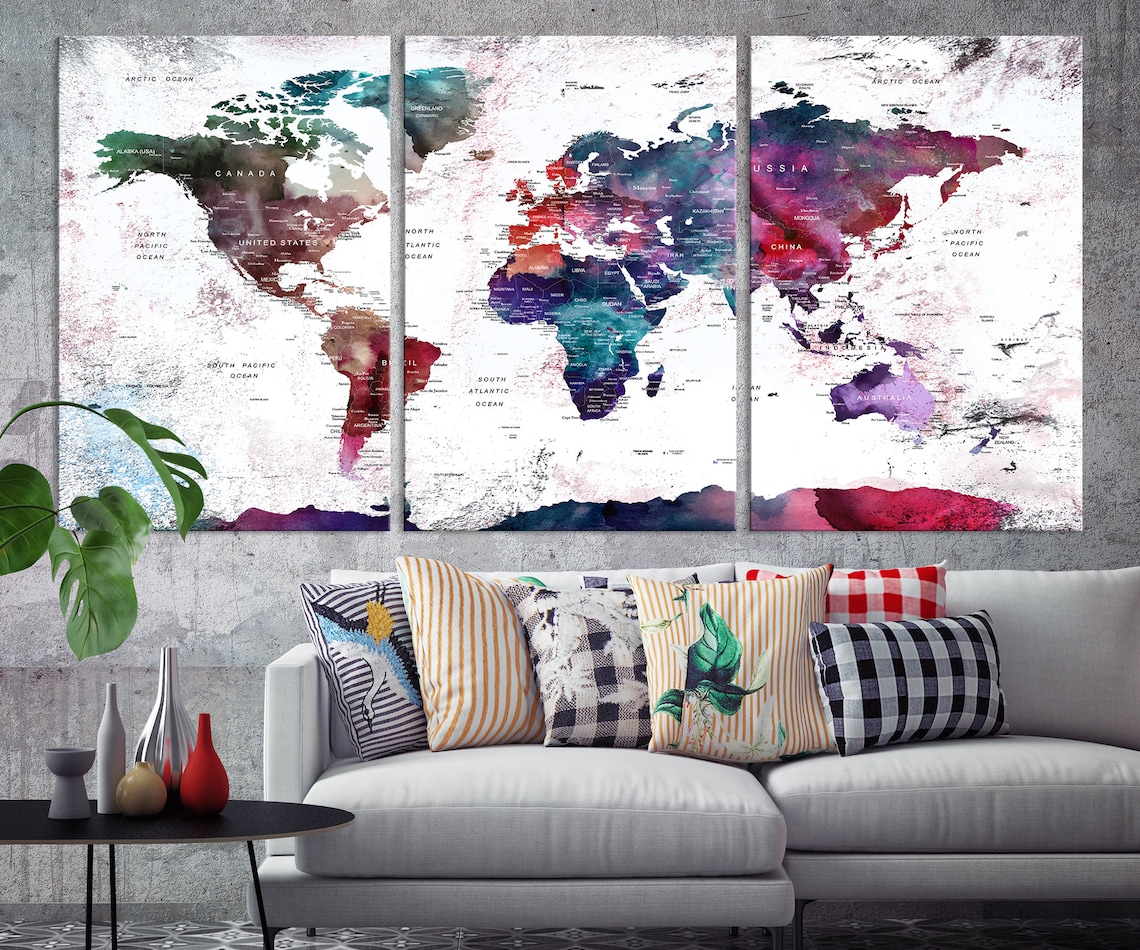 Multi Panel World Map Wall Art Watercolor World Map World | Etsy