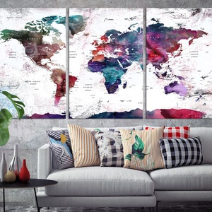 Multi Panel World Map Wall Art Watercolor World Map World Map Art Print ...