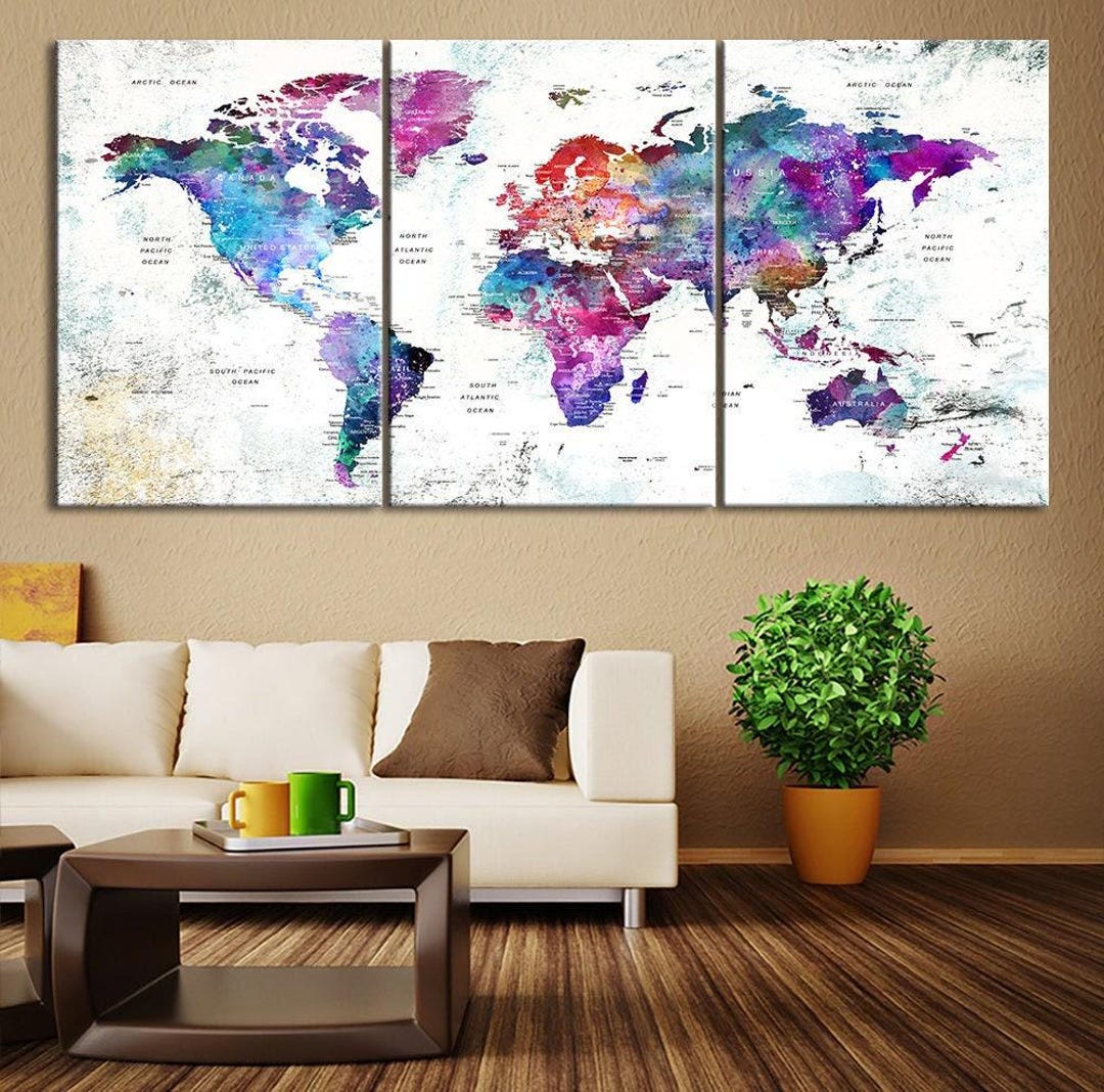 World Map Push Pin Travel Map Canvas Print Large Wall Art Country Names ...