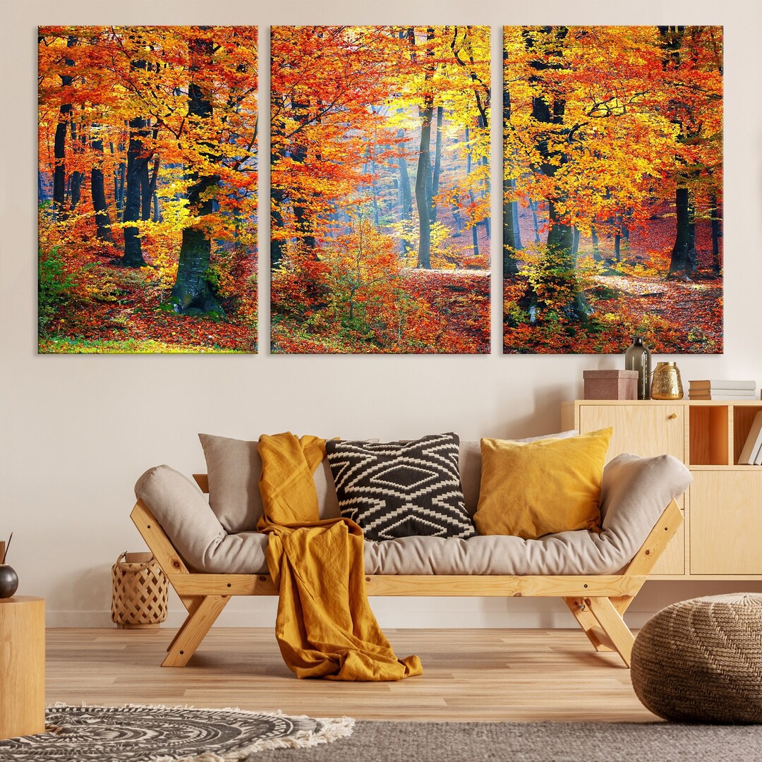 Autumn Forest Canvas Wall Art Print, Fall Season Red Yellow Leaves Art ...
