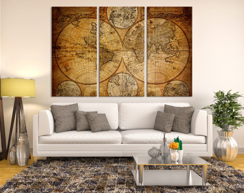 Large 3-piece Vintage World Map Wall Art Map Canvas Print - Etsy