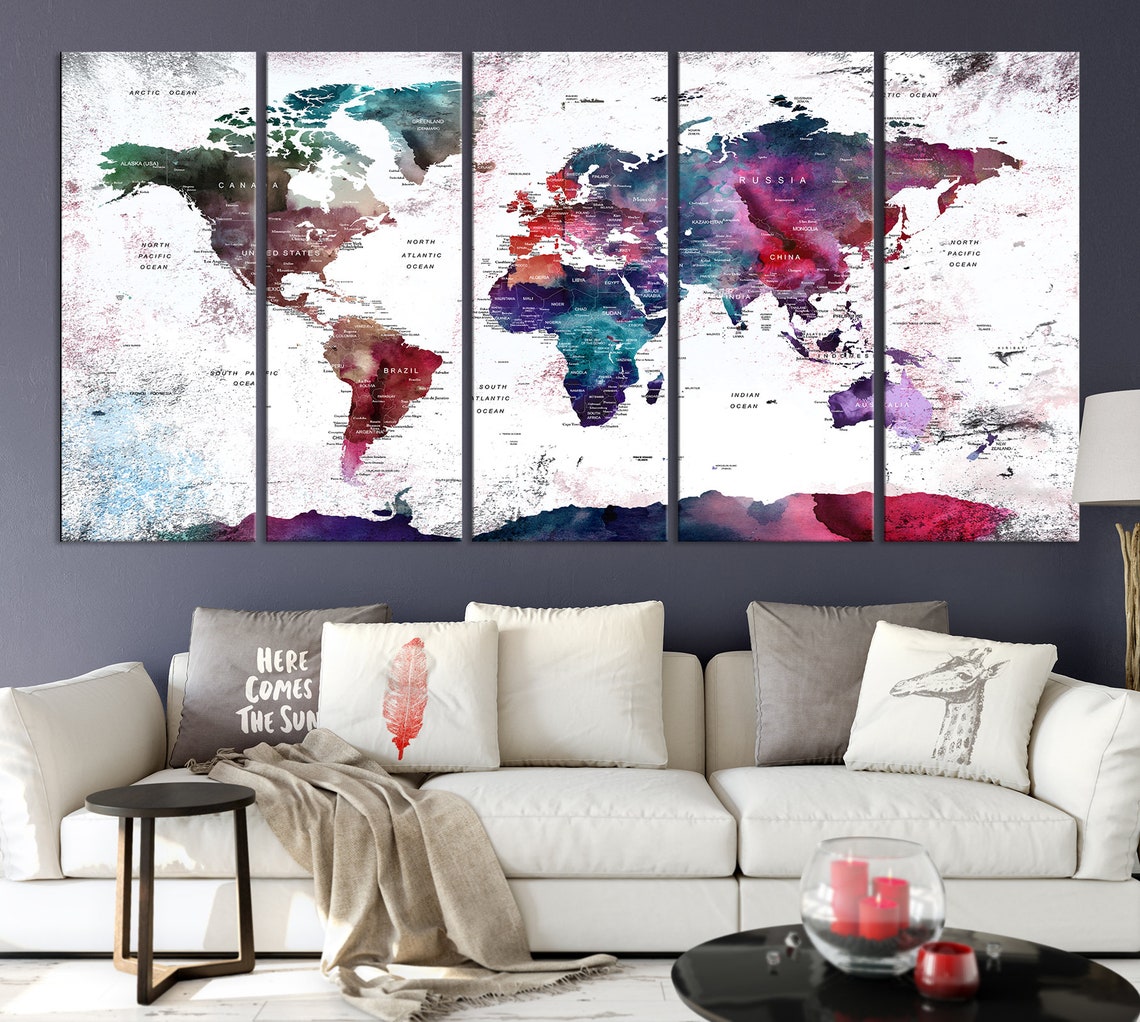 Multi Panel World Map Wall Art Watercolor World Map World | Etsy