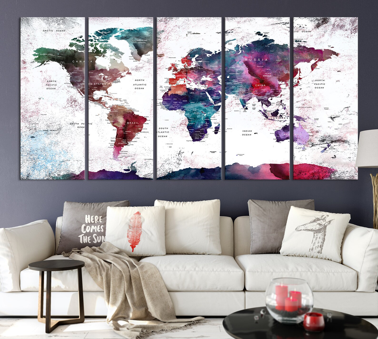 Multi Panel World Map Wall Art Watercolor World Map World | Etsy