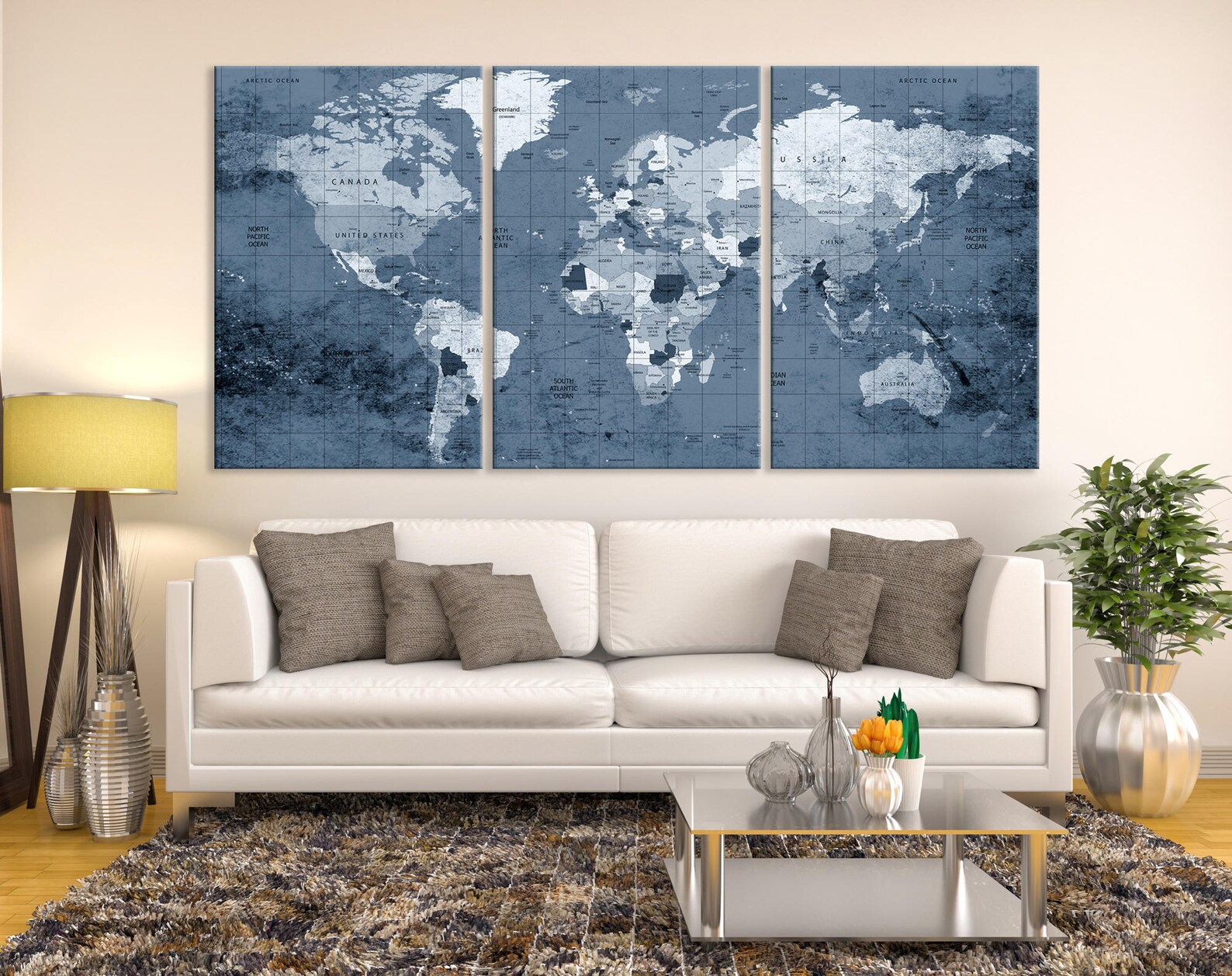 Extra Large World Map Wall Art 3 Panels World Map Triptych | Etsy
