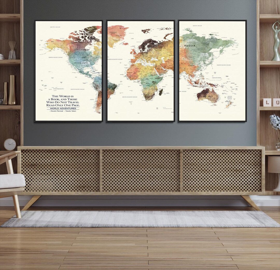 Framed Push Pin World Map Canvas Print - Travel World Map Wall Art ...