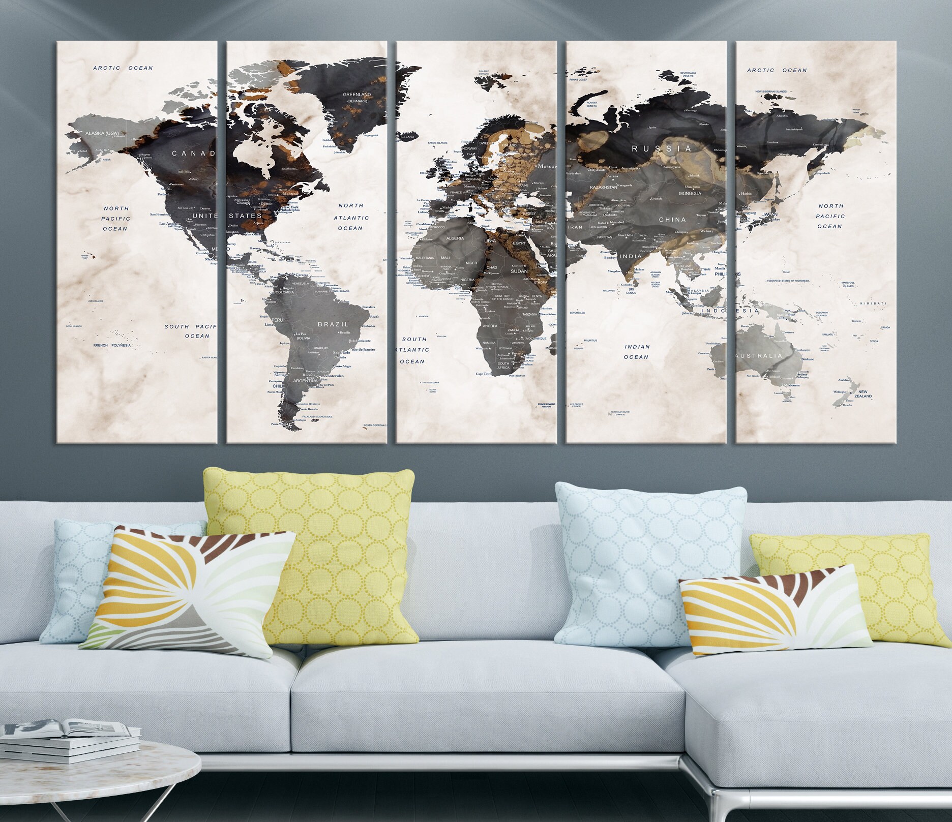 Extra Large Black and Gray World Map Canvas Wall Art Push Pin - Etsy
