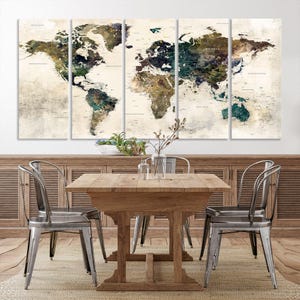 Hand-framed Vintage World Map CANVAS Wall Art Print, Large Travel Map ...