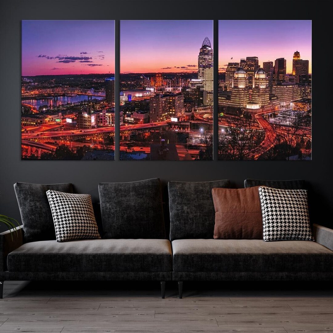 Cincinnati Sunset Skyline Canvas Print, Cincinnati Night Cityscape Art ...