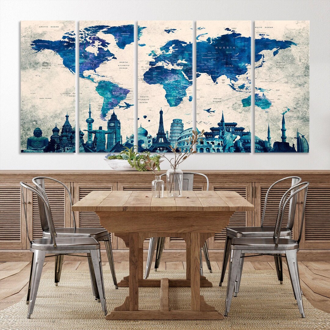 World Landmarks World Map Canvas Wall Art, Blue World Map Wall Art ...