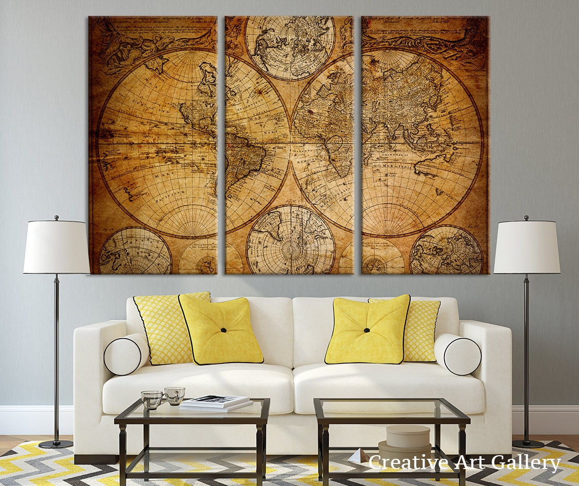 Large 3-piece Vintage World Map Wall Art Map Canvas Print - Etsy