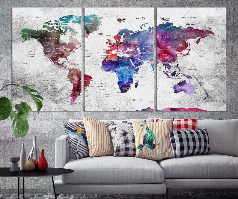 Extra Large Watercolor World Map 5 Piece World Map Print - Etsy