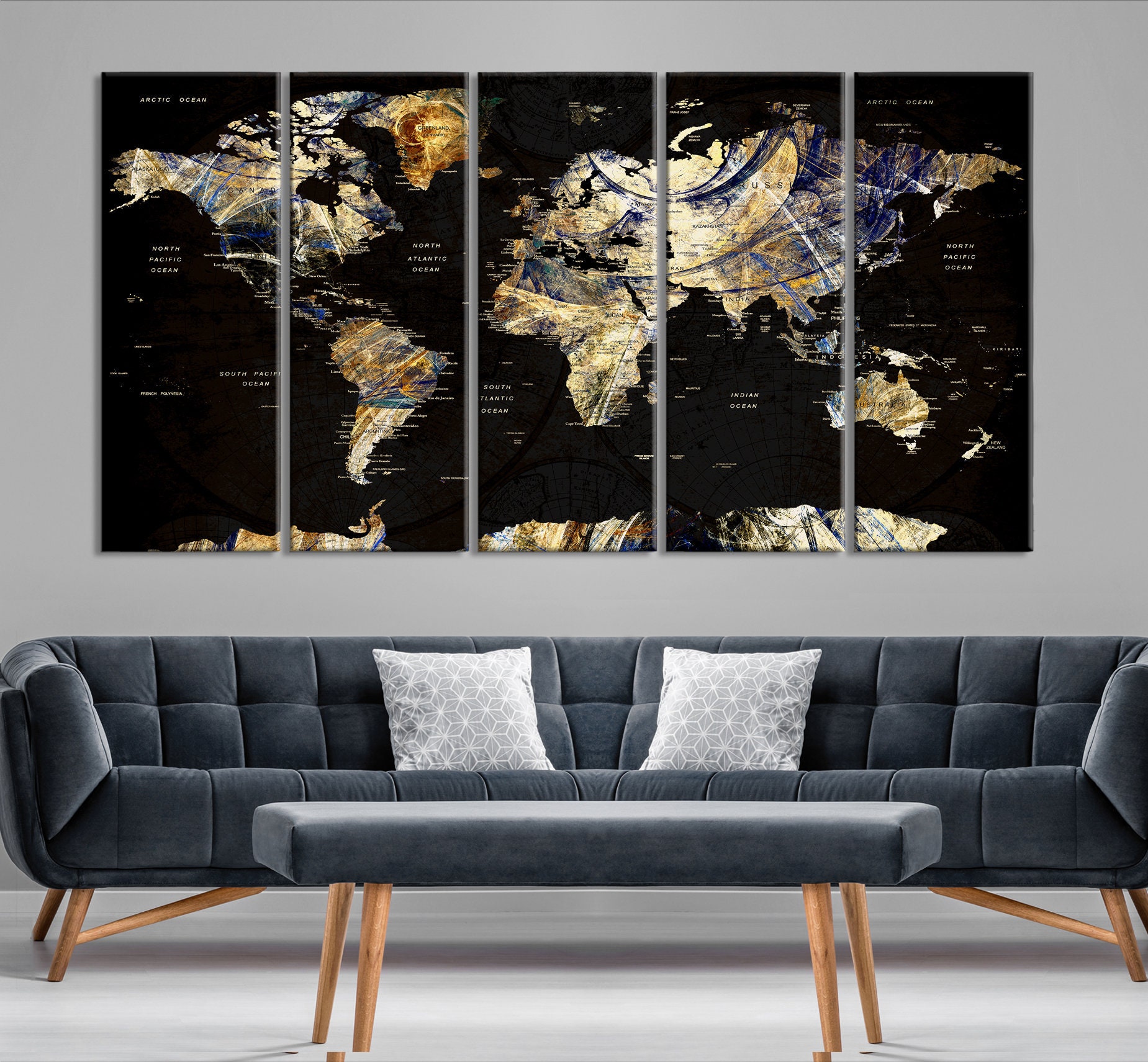 Extra Large 5 Panel Watercolor World Map Canvas Wall Art Push | Etsy