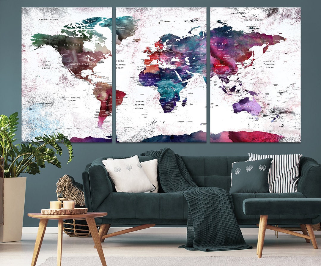 Multi Panel World Map Wall Art Watercolor World Map World Map Art Print ...