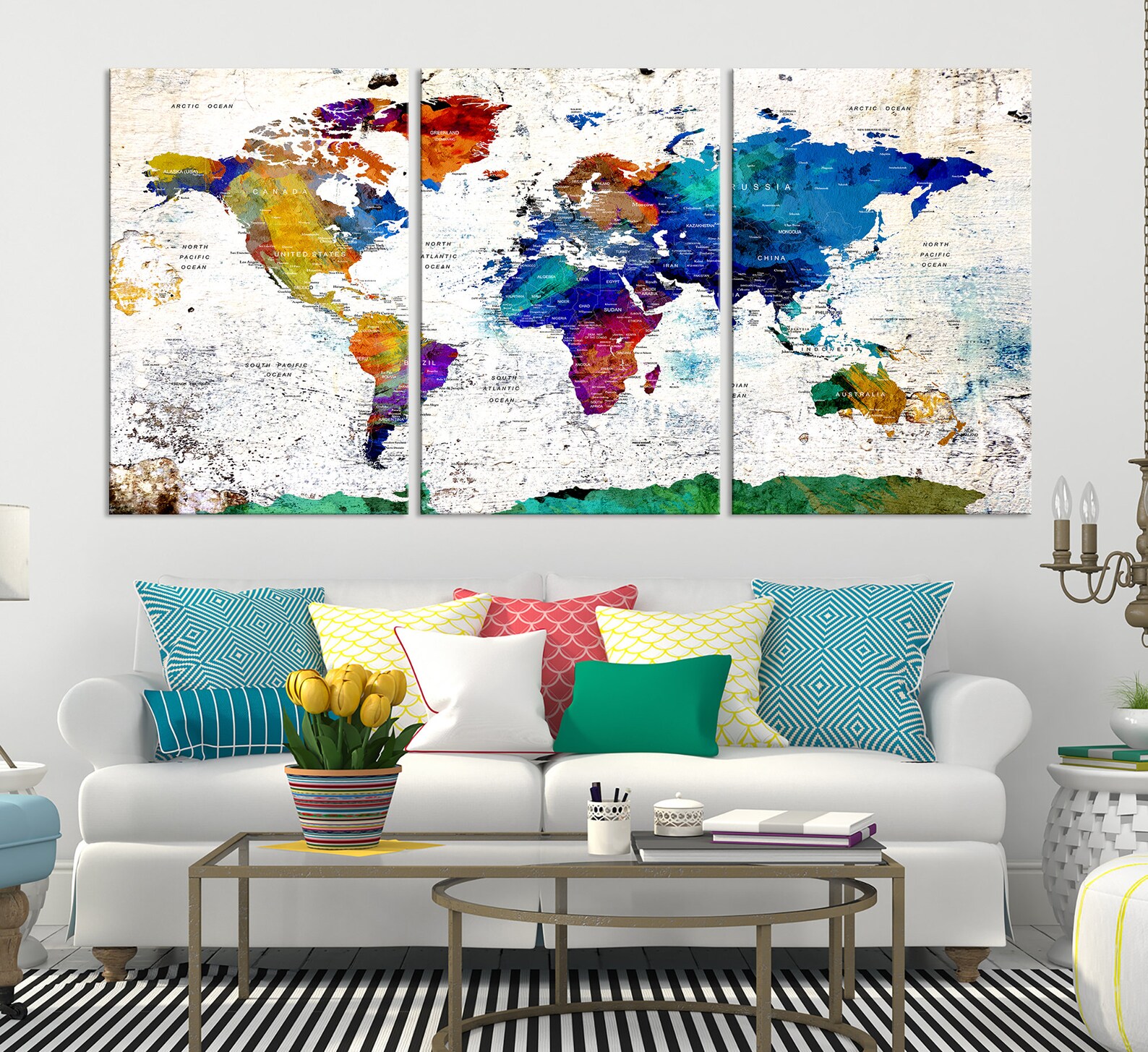 Watercolor Triptych Map Art Print Extra Large World Map - Etsy