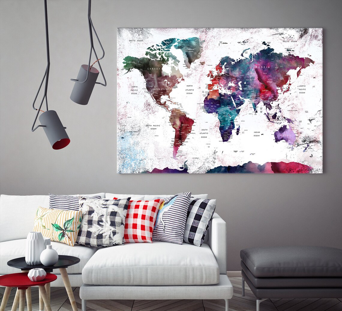 Multi Panel World Map Wall Art Watercolor World Map World | Etsy