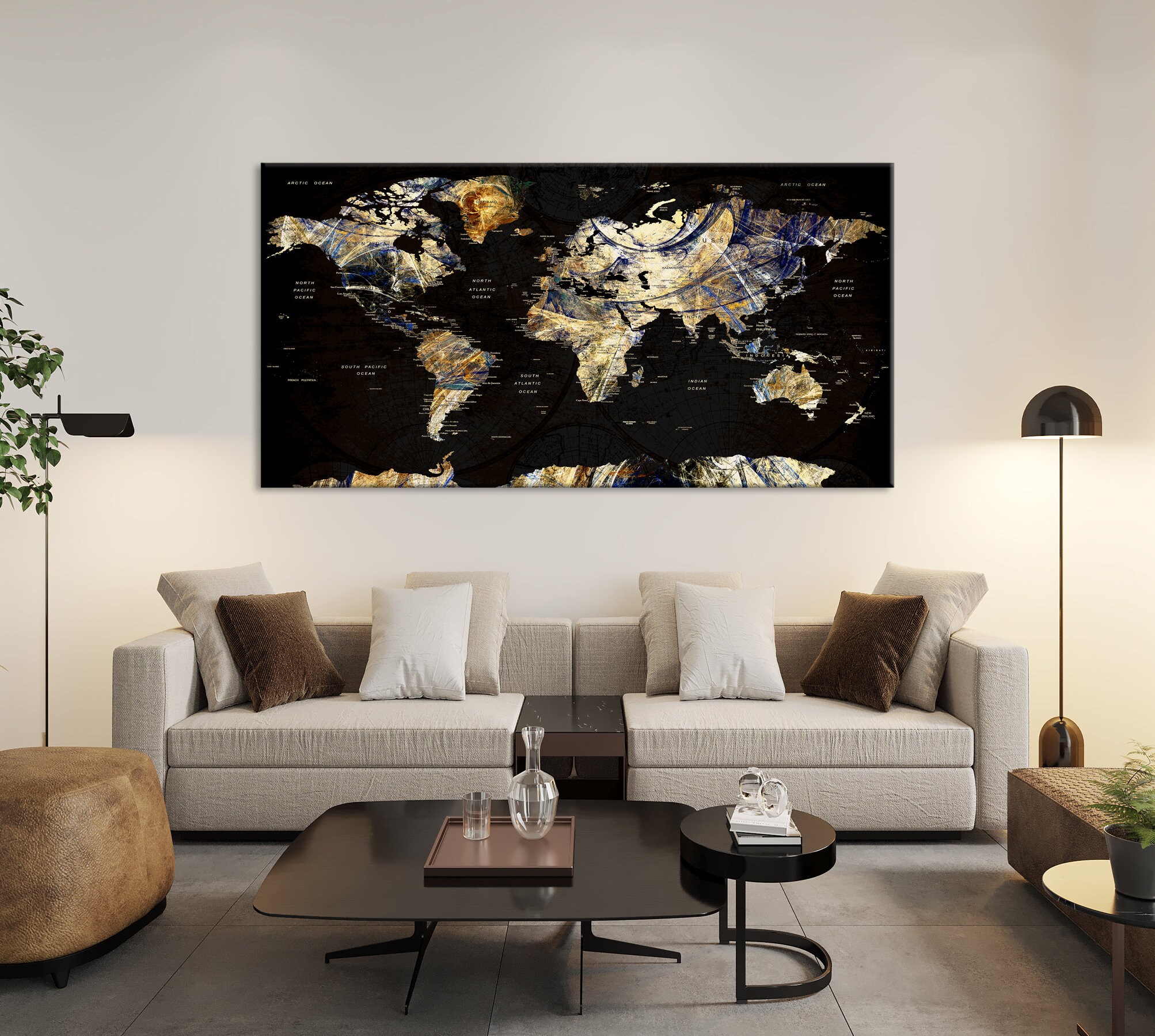 Extra Large 5 Panel Watercolor World Map Canvas Wall Art Push | Etsy