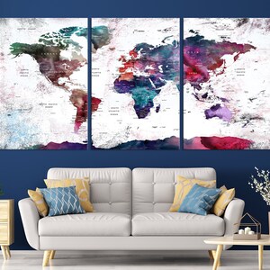 Multi Panel World Map Wall Art Watercolor World Map World Map Art Print ...