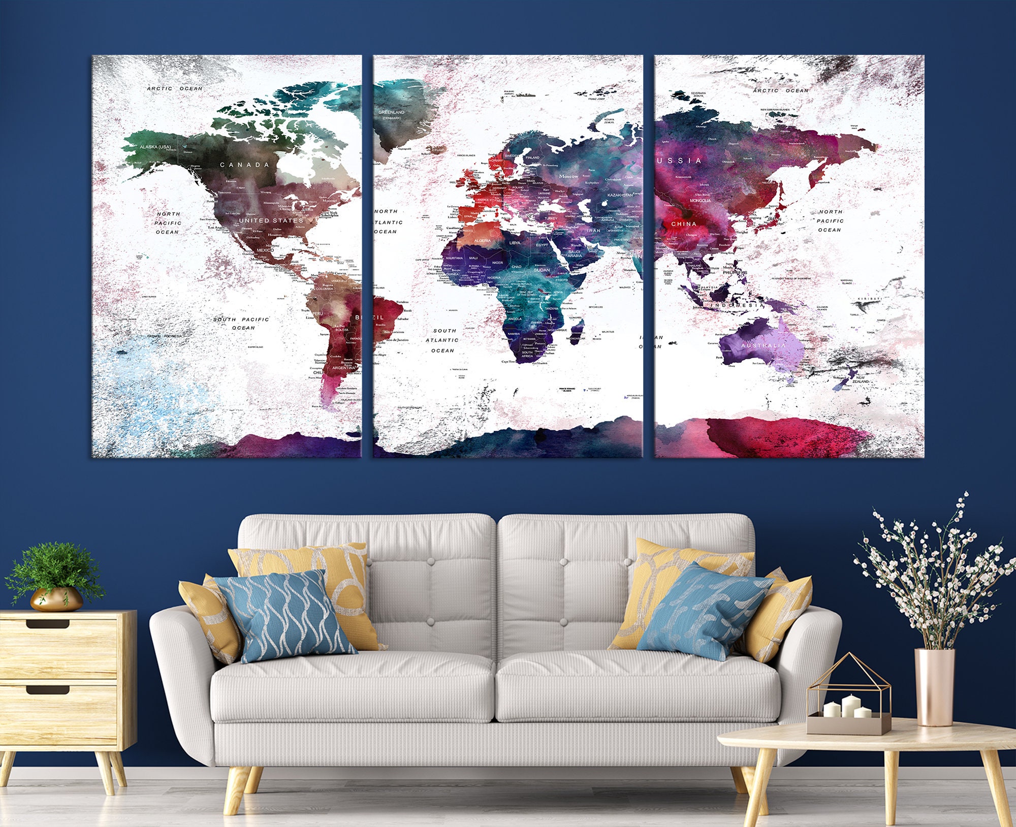 Multi Panel World Map Wall Art Watercolor World Map World | Etsy