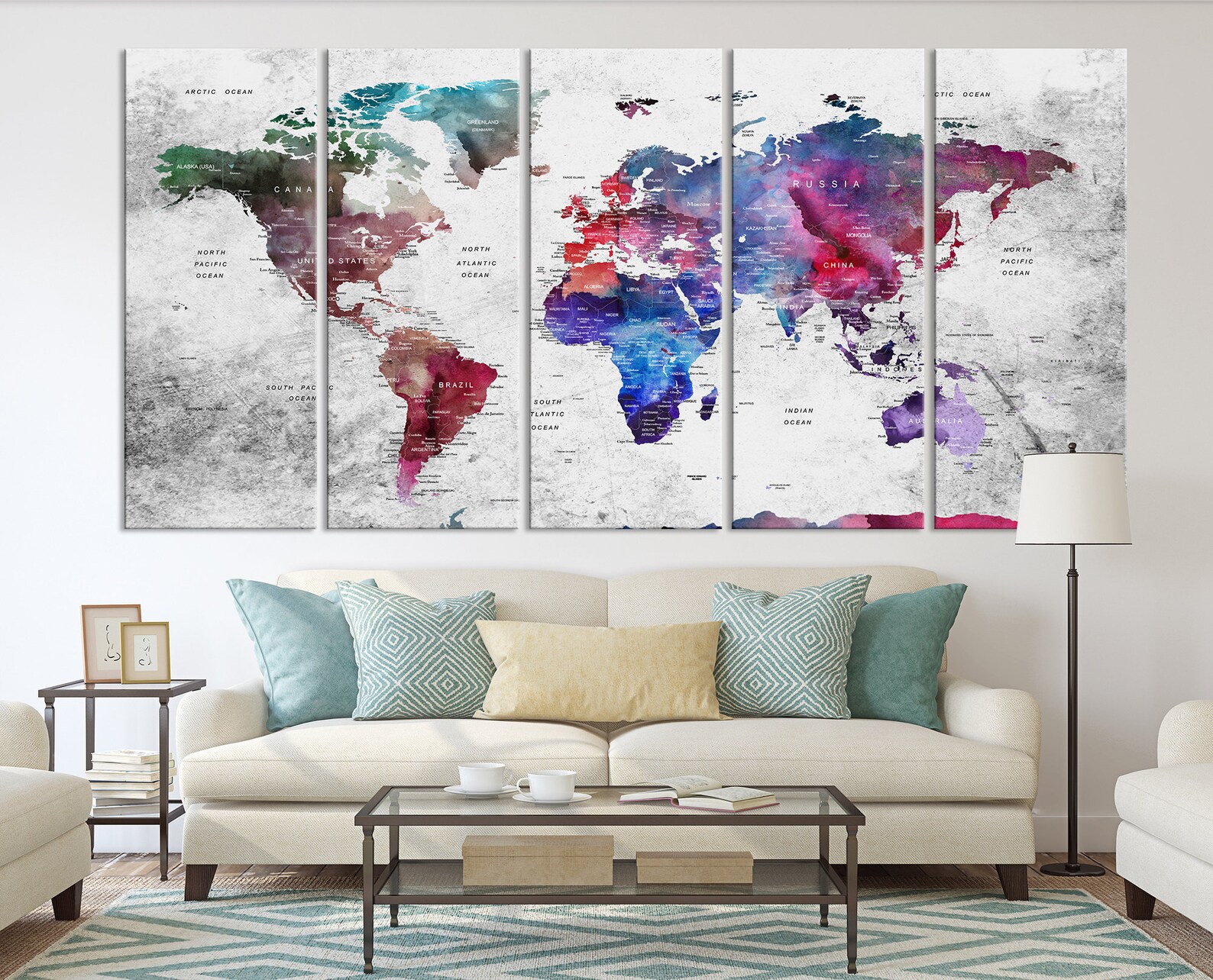 Extra Large Watercolor World Map 5 Piece World Map Print - Etsy