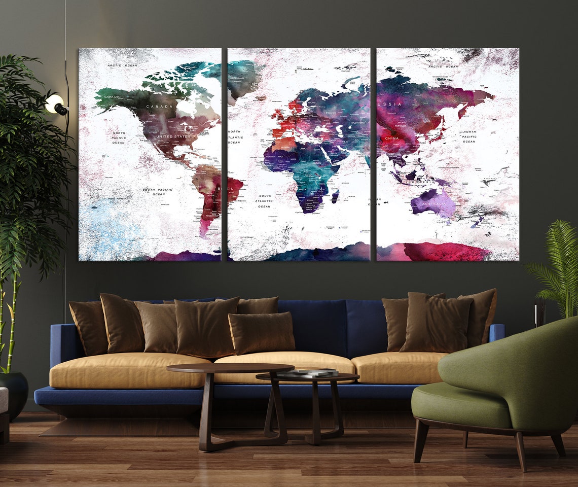 Multi Panel World Map Wall Art Watercolor World Map World | Etsy