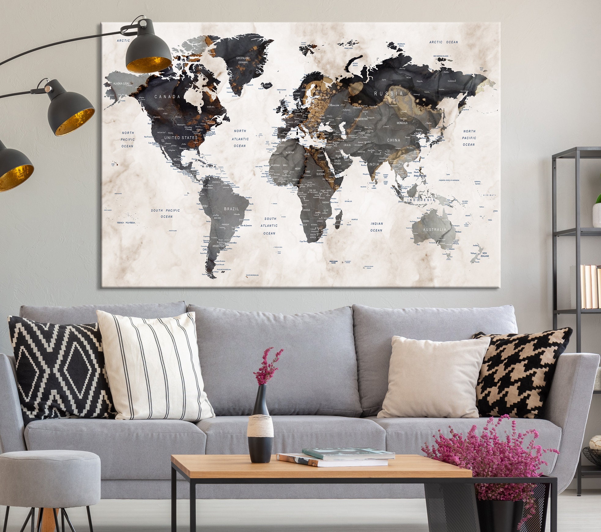 Extra Large Black and Gray World Map Canvas Wall Art Push Pin - Etsy