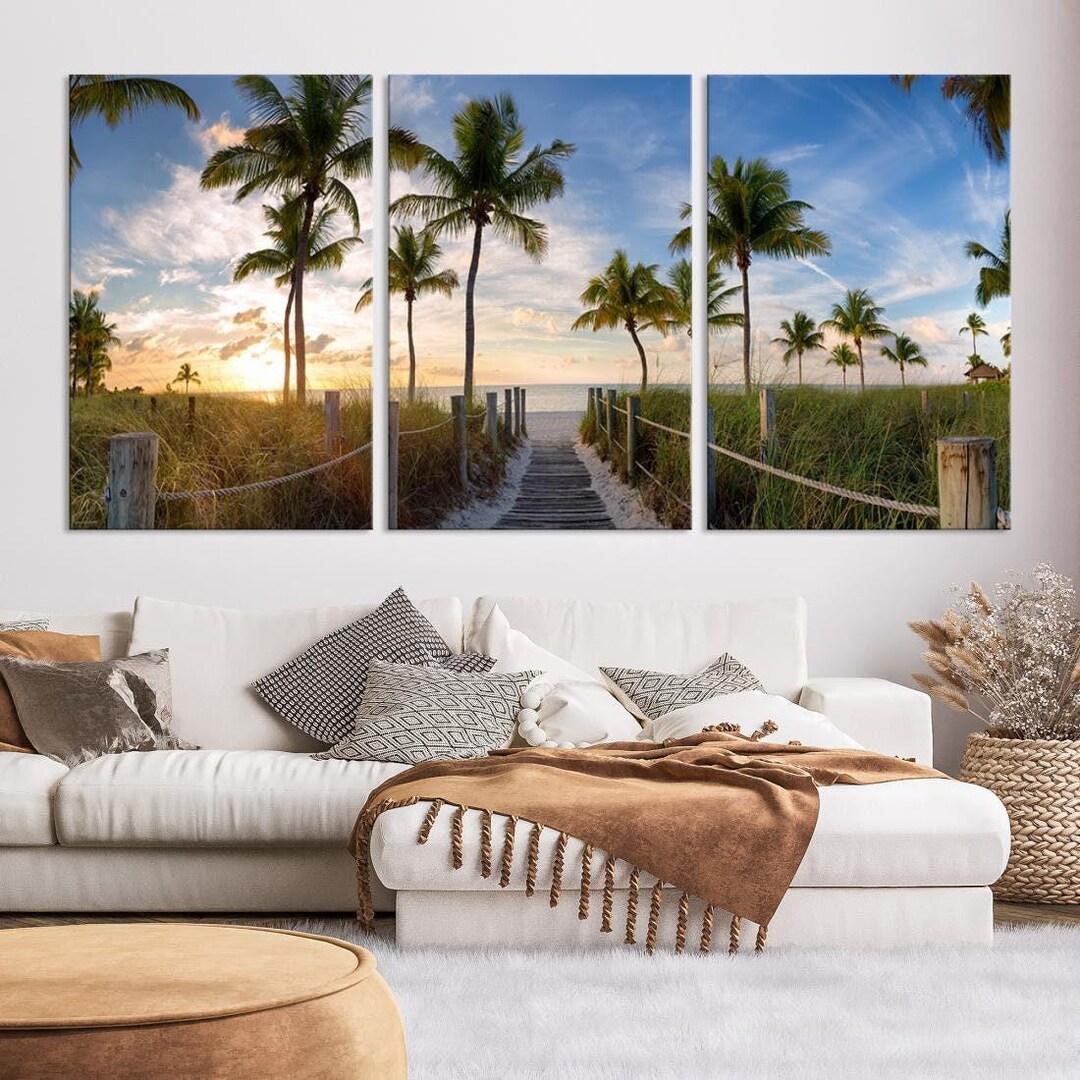 Sunrise at Key West Beach Canvas Wall Art Print, Palm Trees and Pathway ...