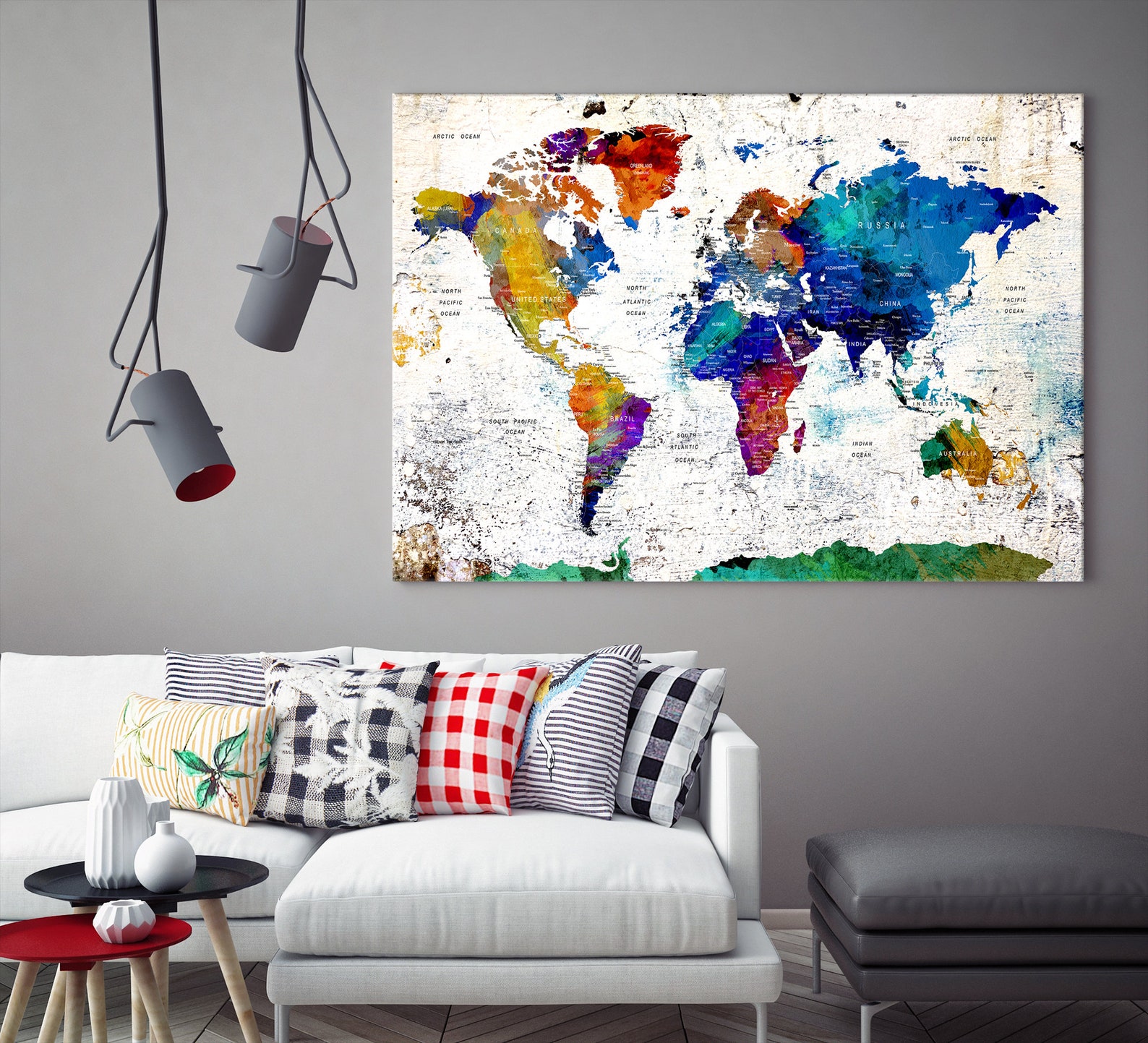Watercolor Triptych Map Art Print Extra Large World Map - Etsy