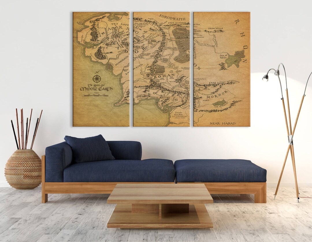 Middle Earth Map Print on Canvas, Tolkien Lord of the Rings Wall Art ...