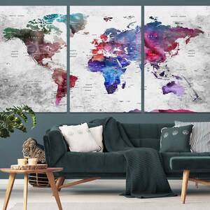 Extra Large Watercolor World Map 5 Piece World Map Print Multi Panel ...
