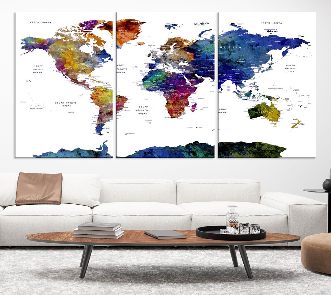 World Map Push Pin, Extra Large World Map Wall Art, World Map Canvas ...