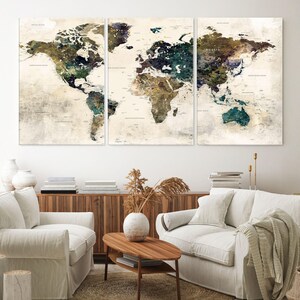 Hand-framed Vintage World Map CANVAS Wall Art Print, Large Travel Map ...