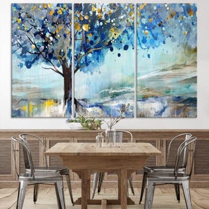 Abstract Blue Tree Painting Wall Art Canvas Print Framed Set of 3 Wall ...